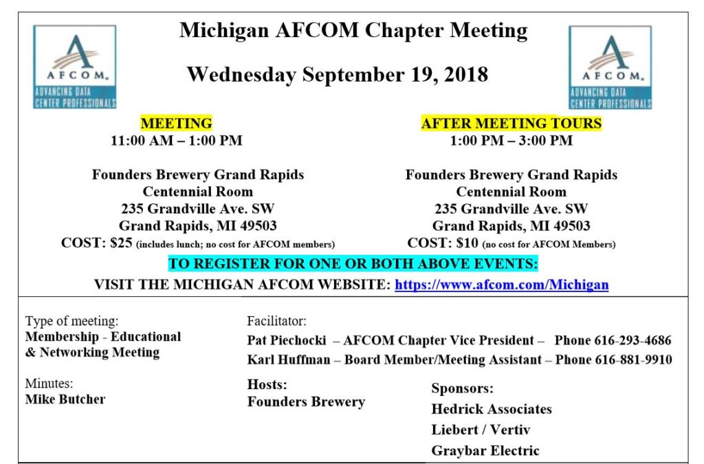 Michigan AFCOM Chapter Meeting at Founders Brewery - Hedrick Associates